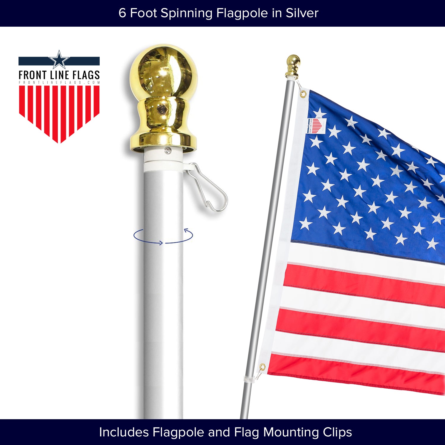 6ft Flagpole, Heavy Duty Aluminum Spinning Flag Pole, Silver ...