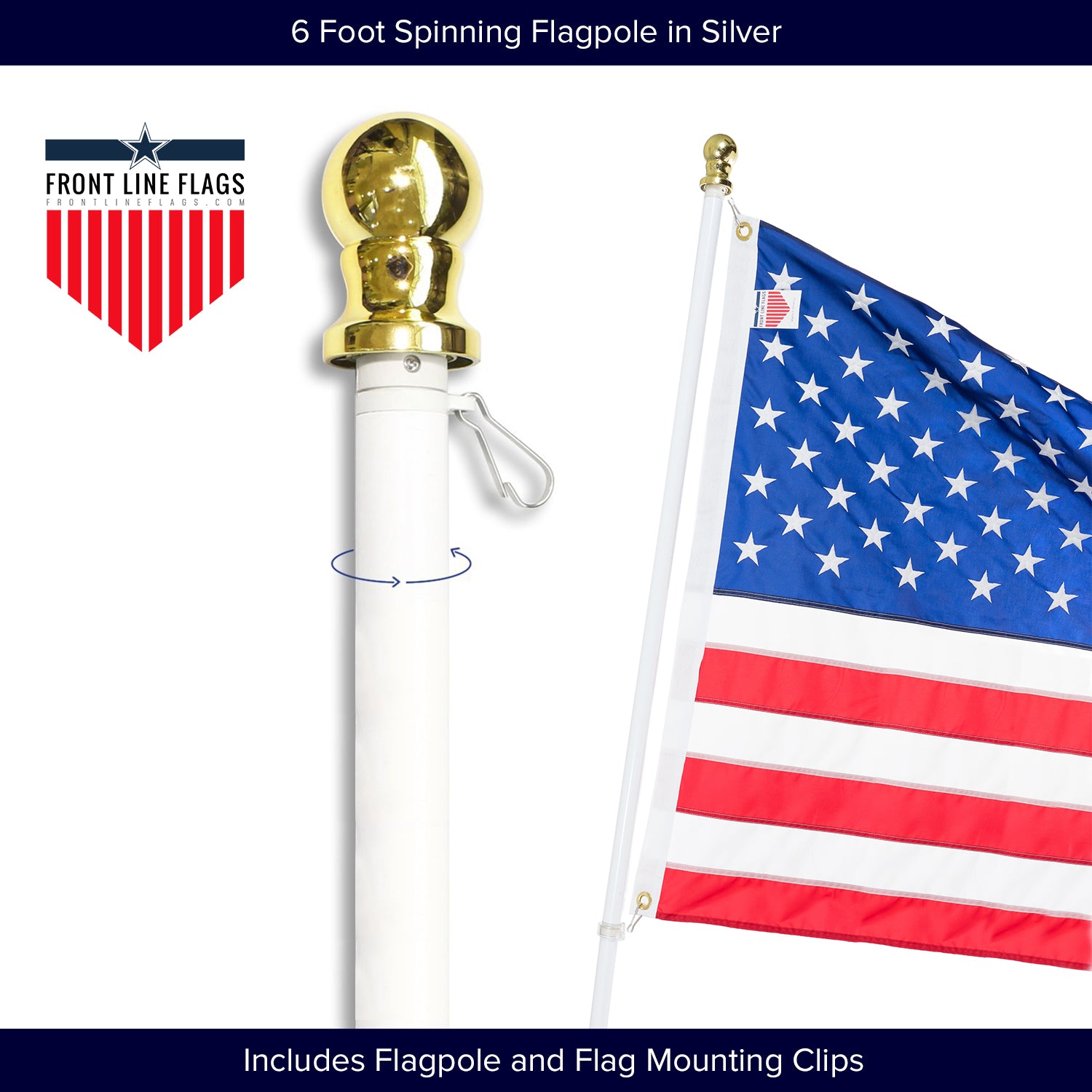 6ft Flag Pole, Heavy Duty Aluminum Spinning Flagpole, White ...